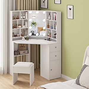 Fameill Corner Makeup Vanity Desk with Lighted Mirror,White Vanity Set with Lights,Large Dressing Tables with Lots Storage for Bedroom,3 Lighting Modes with Adjustable Brightness,46 Inch