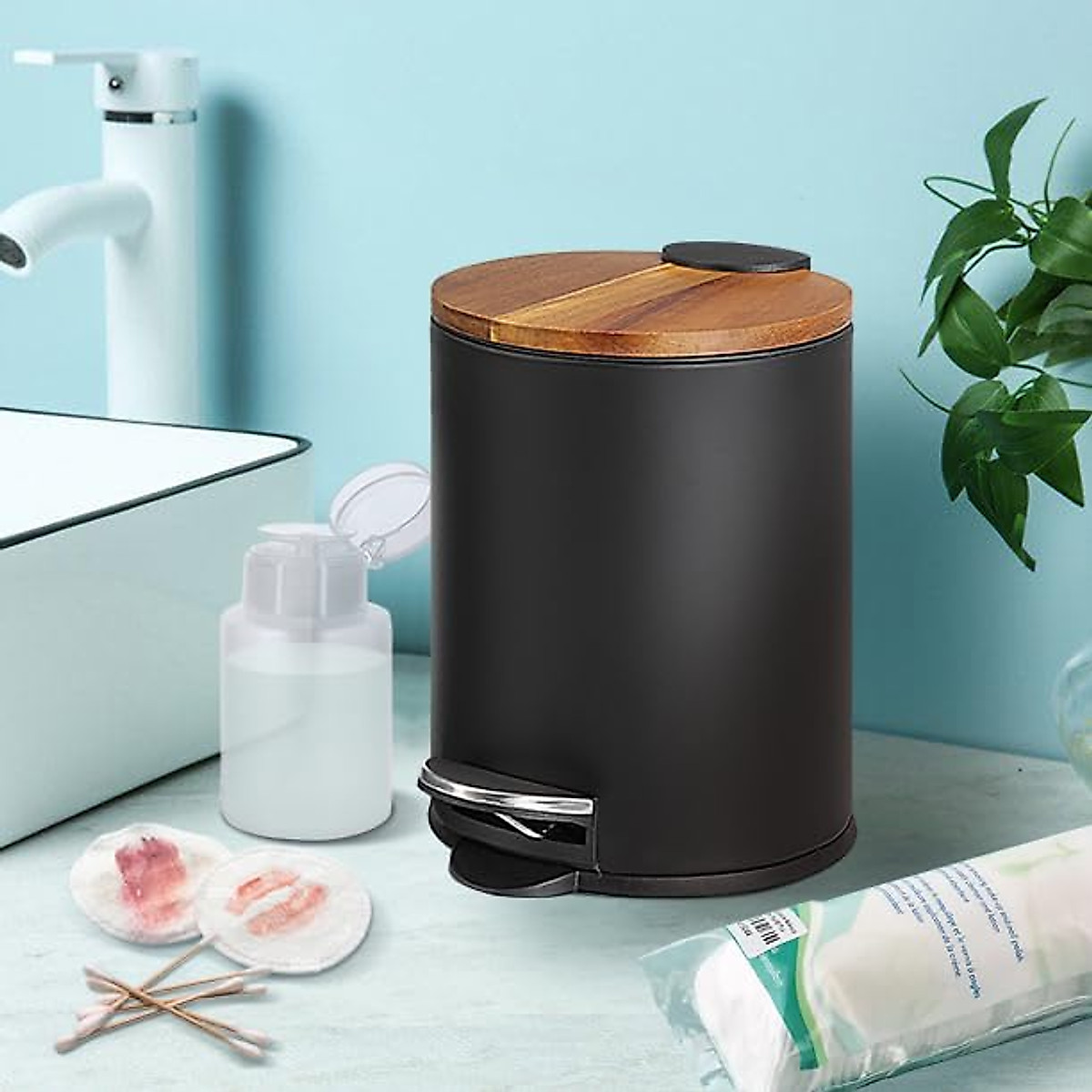 SunnyPoint Extra Small Trash Can (3 Liter /0.8Gallon) with Plastic Inner Bucket; Bathroom, Office,Kitchen and Bedroom Step On and Slow Close (BLK); Inner Bucket Size: 6.1" D X 7.2" H