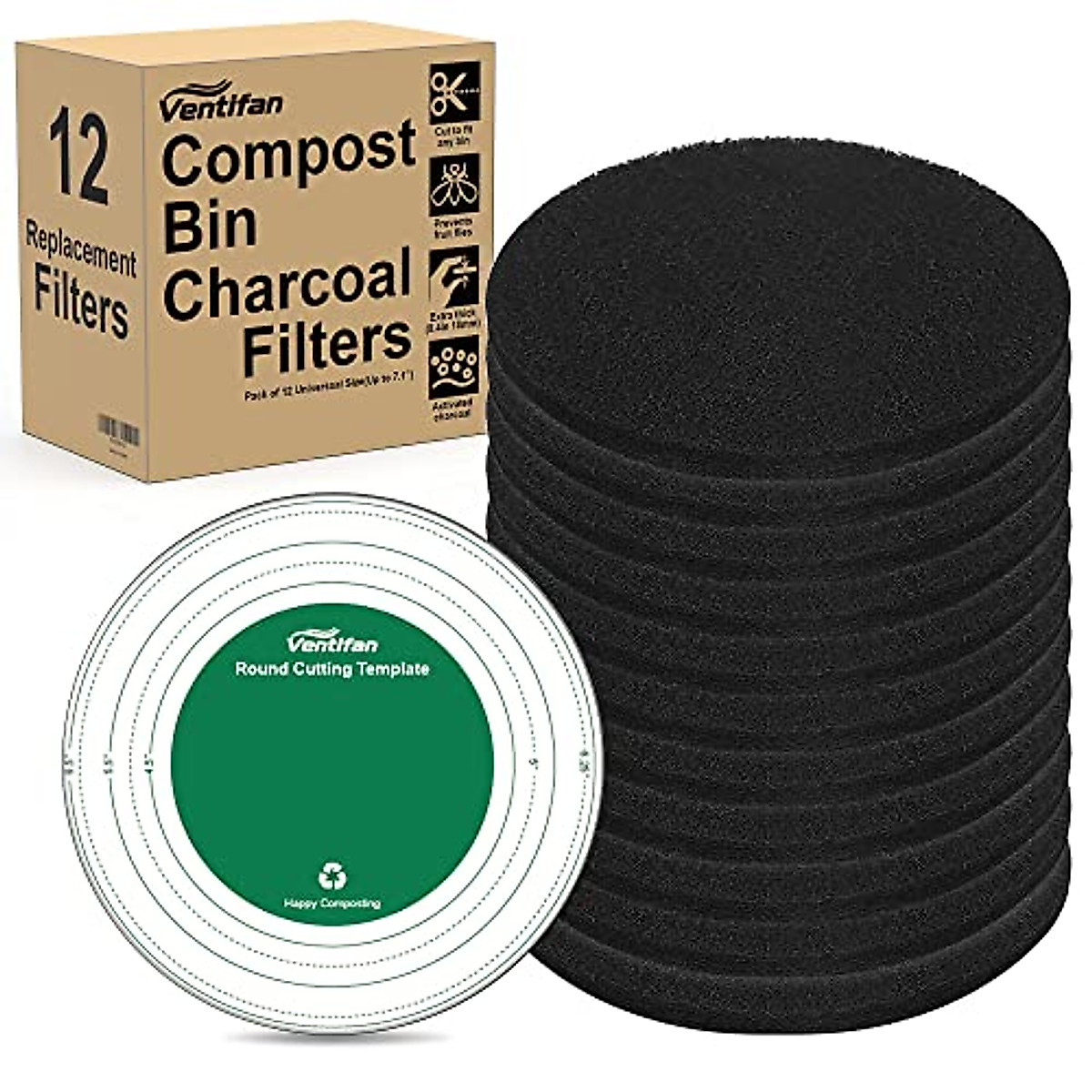 Compost Bin Kitchen Charcoal Filter 12 Pack, Extra Thick Charcoal Filters for Kitchen Compost Bins, Replacement Compost Filters for Countertop Bin