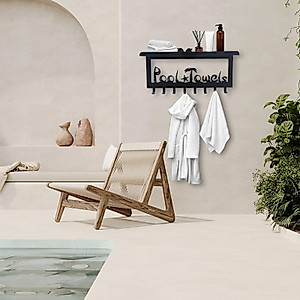 OYEFLY Pool Towel Rack,Wall Mount Towel Hooks Towel Holder with 8 Hooks,Pool Area Outside Sign (Black with Shelf, 16.1in)