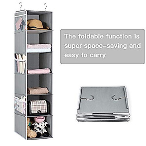 Univivi 6-Shelf Hanging Shoes Closet Shelves 6-Layer Collapsible Hanging Closet Shoe Shelves Organizer with 6 Side Pockets Wardrobe Clothes Organizer for Closet - Gray
