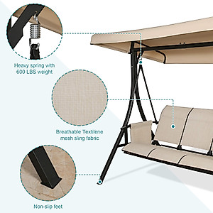 Patio 3-Seat Textilene Porch Swing, Outdoor Swing Glider with Stand and Adjustable Polyester Canopy (Beige)