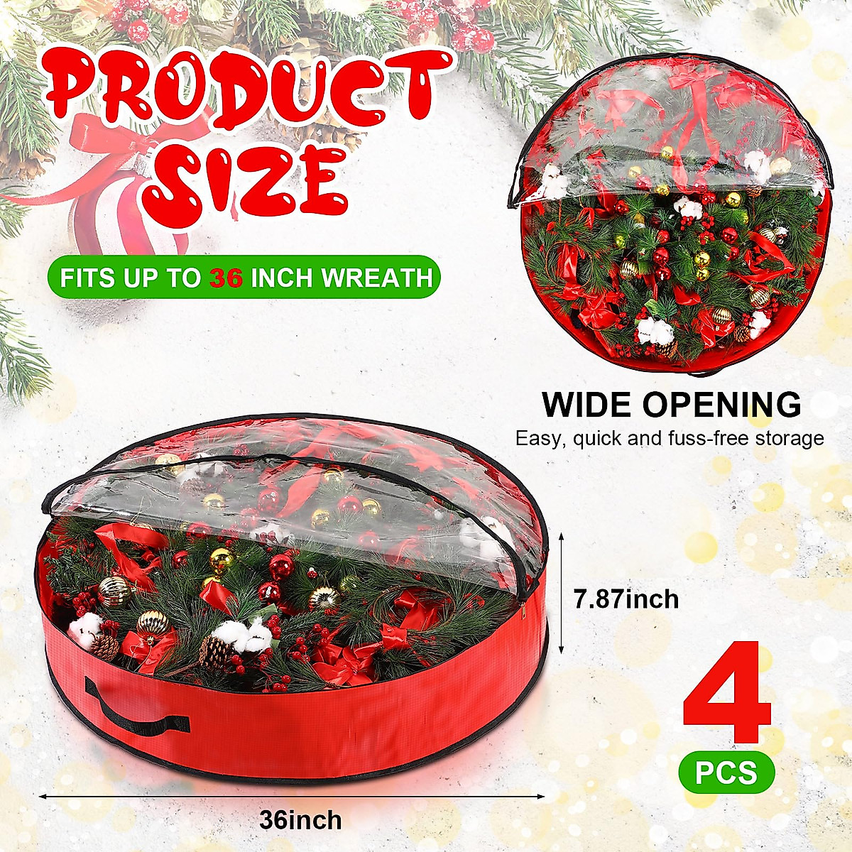 Aliceset 4 Pack Wreath Storage Containers, Christmas Garland Storage Bags with Window and Handles, Durable Christmas Decoration Box Holder for Holiday Xmas(36 x 36 x 7.8 Inch,Red)