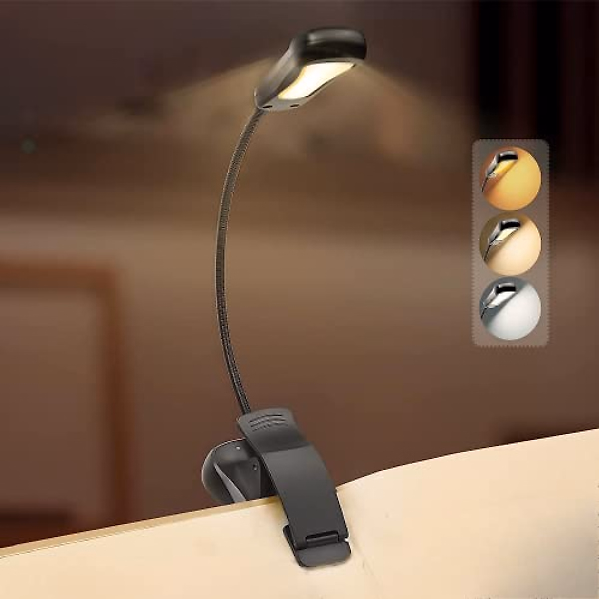 Book Light Reading Lights for Books in Bed with 3 Colors and 9 Brightness, LED Book Reading Light with Clip for Kids, USB Reading Light for Bed, Sofa, Music Stand, Office, Travel (Black Basic)