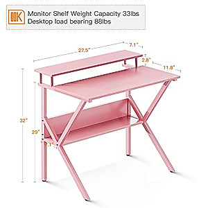 ODK Small Computer Desk, 27.5 inch Desk for Small Spaces with Storage, Compact Table with Monitor & Storage Shelves for Home Office, Modern Style Laptop Desk, Pink