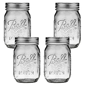 Regular Mouth Mason Jars 16 oz - (4 Pack) - Ball Regular Mouth Pint 16-Ounces Mason Jars With Airtight lids and Bands - For Canning, Fermenting, Pickling, Freezing, Storage + M.E.M Rubber Jar Opener