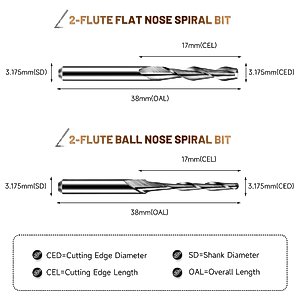 40pcs End Mills CNC Router Bits, 1/8 inch(3.175mm) Shank CNC Milling Carving Bit Set Including 2-Flute Flat & Ball Nose Spiral Bits, Nano Blue Coat & Titanium Coat End Mill, Suitable for ER 11 Collet