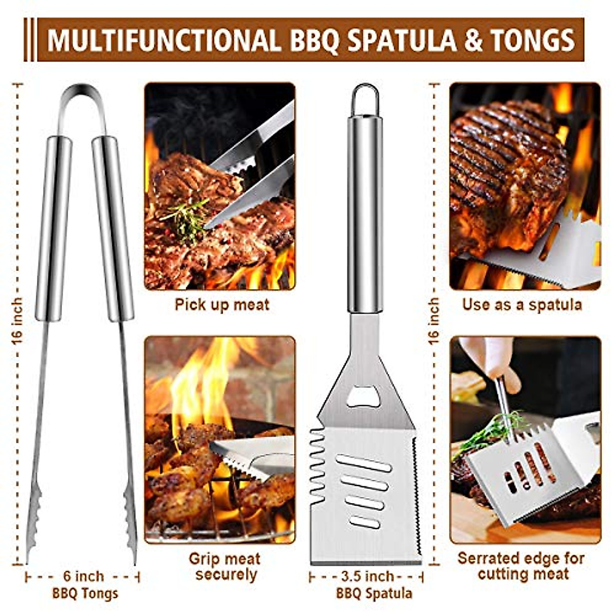 BBQ Grill Accessories Tools Set, 36PCS Stainless Steel Grilling Barbecue Tool Sets Kit with Aluminum Case, Thermometer, 2 Grill Mats for Camping, Kitchen, Barbecue Utensil for Men Women