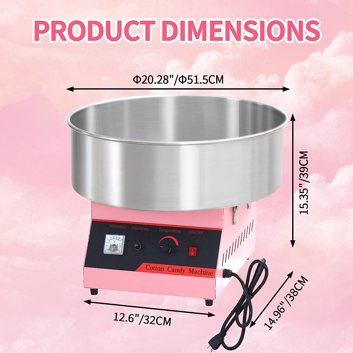 Cotton Candy Machine Commercial, Electric Cotton Candy Maker, 1080W Candy Floss Maker, Perfect for Family Party Amusement Park Carnival,Pink