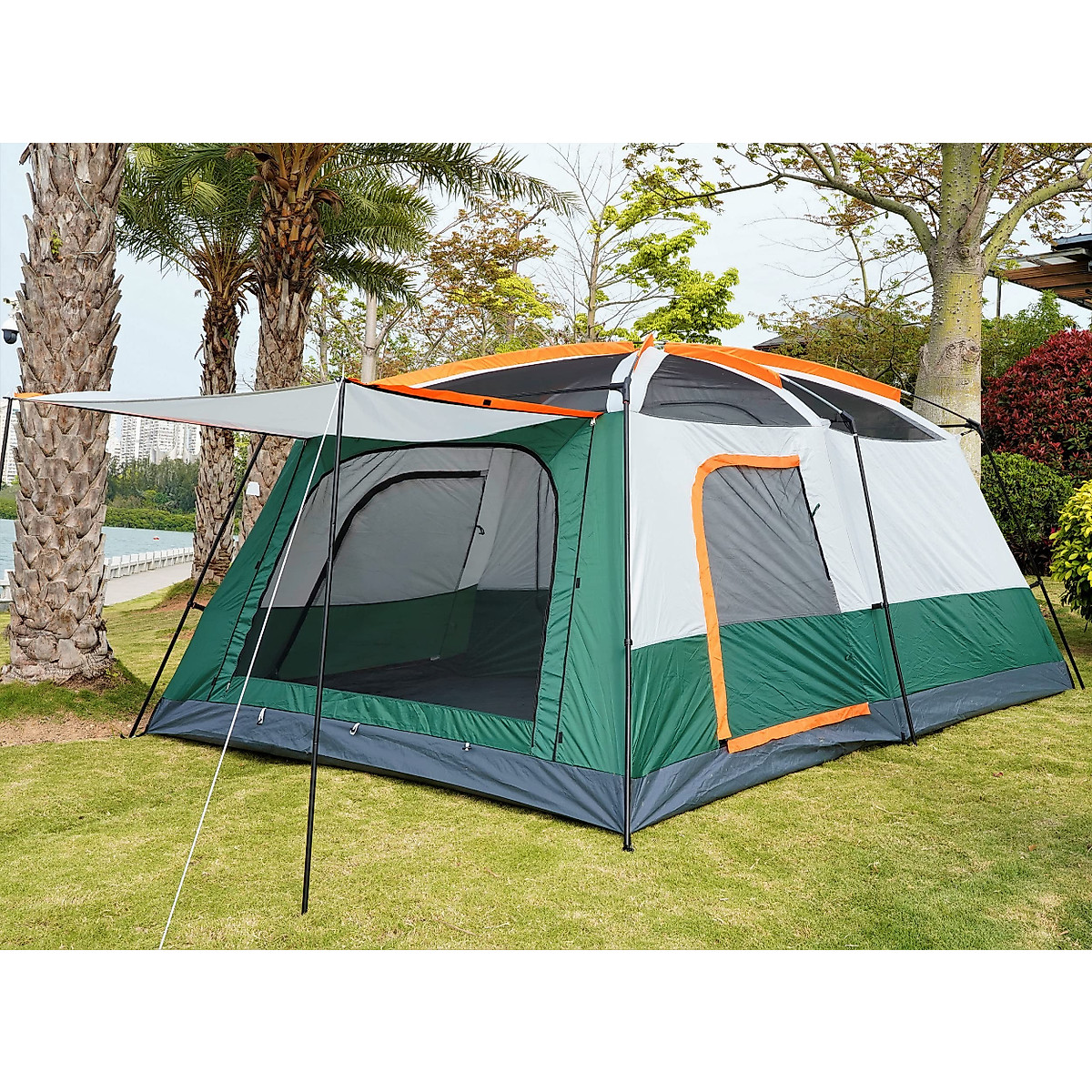 KTT Extra Large Tent 12 Person,Family Cabin Tents,2 Rooms,3 Doors and 3 Windows with Mesh,Straight Wall,Waterproof,Double Layer,Big Tent for Outdoor,Picnic,Camping,Family Gathering(Green)