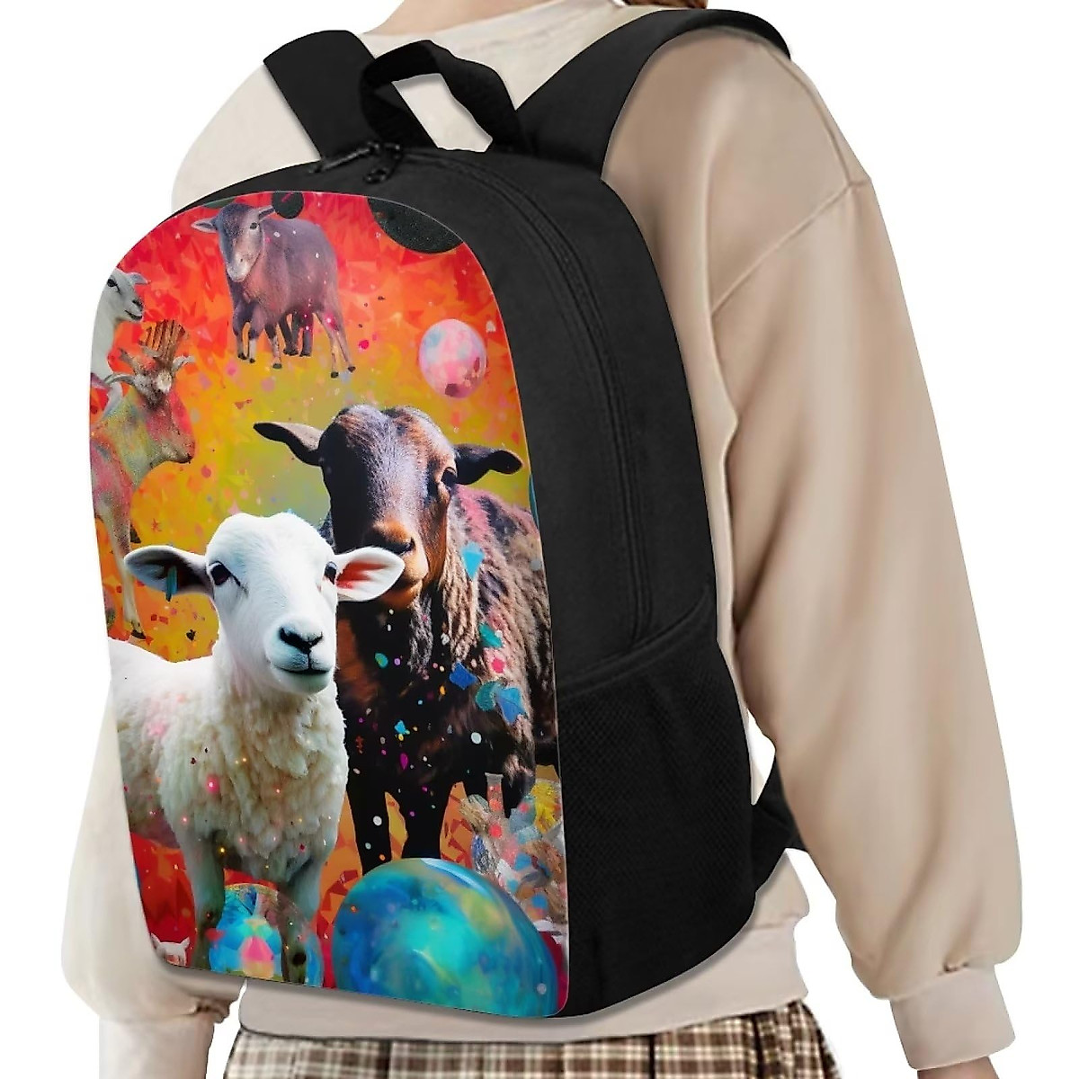 Black Kids Animal Sheep Backpack for Boys Girls Lightweight Comfy Padded Durable Elementary Cute School Backpack 17 Inch Novelty Student Child Personalized Bookbag