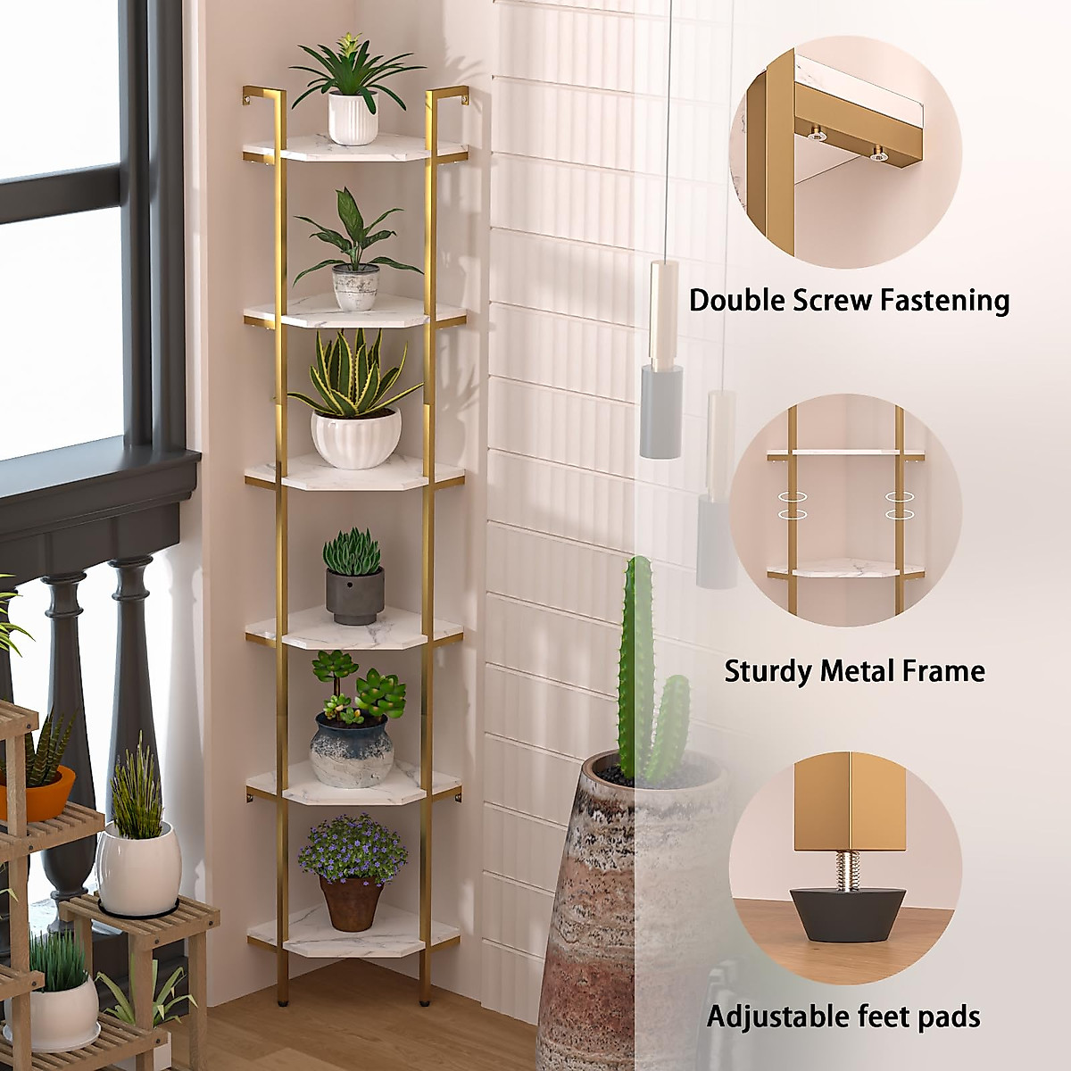 Dosker Corner Shelf White Wall Mounted Bookshelf, 6 Tier Plant Stand and Display Shelf for Living Room,Wall Corner Bookshelf Multi Storage Organizer Ladder Style Shelving Unit with Marble Accents
