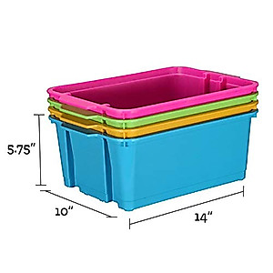 Really Good Stuff Stacking Bins, 14" x 10" x 5 ¾" - 4 Pack, Primary | Stackable Storage Plastic Bins for Classroom Organization, Home Storage, Office & Hospital Supplies