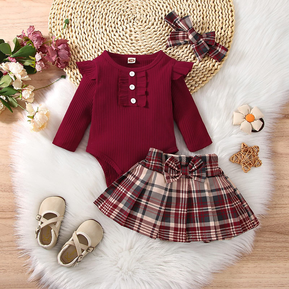 Mubineo Baby Girl Christmas Clothes Plaid Outfits Long Sleeve Romper Overall Skirt Dress Cute Newborn Outfit (Td Wine Red Plaid, 12-18 Months)