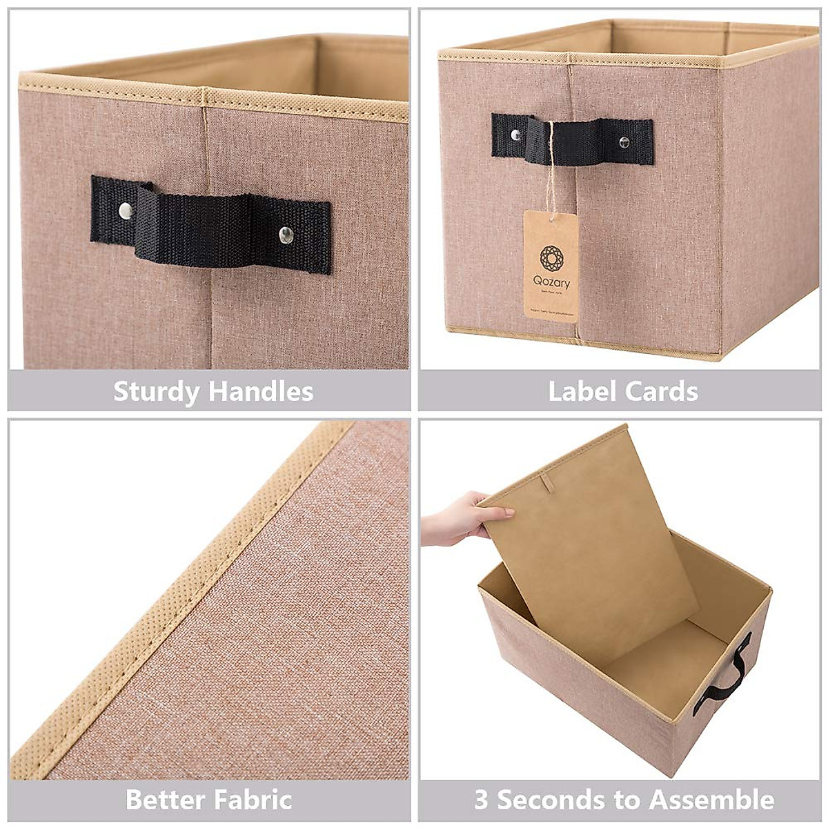 Qozary 3 Pack Storage Baskets for Shelves, No Smell Storage Bins for Closet Shelves, Fabric Cube Boxes with Handles for Organizing Home Closet, Office, Toys (Brown, Large)