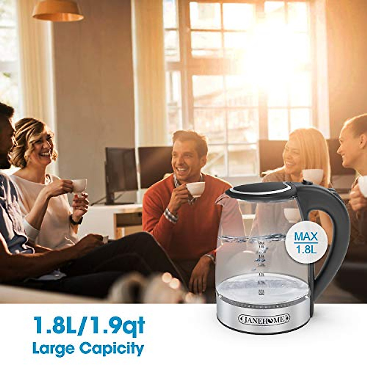 Plaman Electric Kettle,Glass Tea Kettle 1.8L with Blue LED for Boiling Water,BPA-Free Hot Water Glass Kettle with Auto Shut-Off and Boil Dry Protection for Coffee & Tea