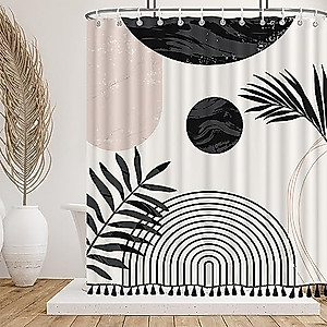 GiuMsi 72"X72" Boho Mid Century Black and White Shower Curtain Sets with Tassel Pendants Arch Sun Modern Minimalistic Leaves Bathroom Curtains Waterproof Durable Ployester 12 Hooks Home Decorations
