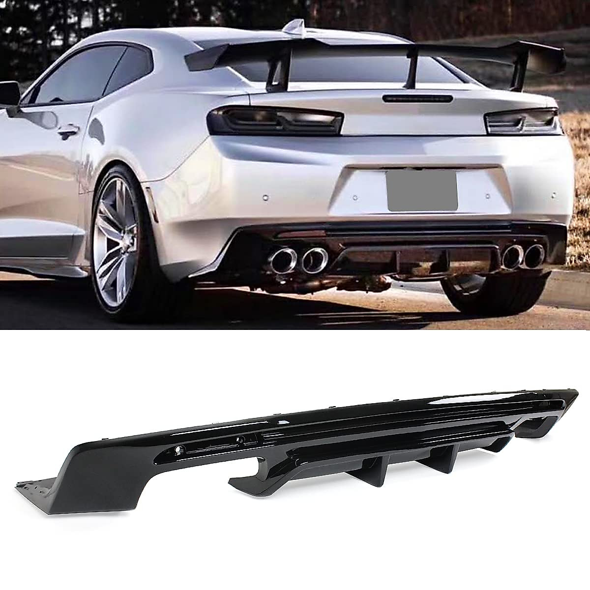 Painted Gloss Black Shark Fin Sport Rear Bumper Diffuser Replacement PP Compatible for 2016-2019 Chevy Camaro LT RS SS