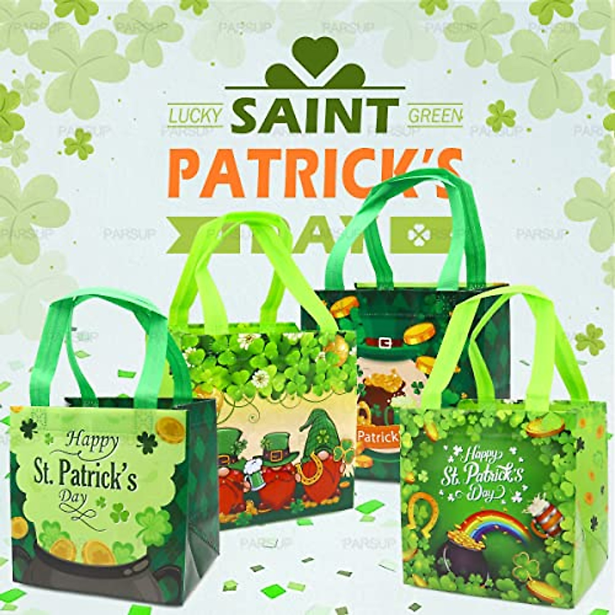 PARSUP 8PCS St Patricks Day Reusable Gift Bags, Irish Treat Bags with Handles, Saint Patrick's Day Party Bags, Multifunctional Non-Woven Bags for Gifts Wrapping, Irish Party Supplies, 8"×8"×6"