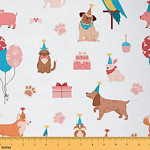Cute Dogs Fabric by The Yard Kawaii Pet Puppy Sweet Cake Decor Fabric for Kids Teens Girls Lovely Paw Print Happy Birthday Theme Fabric for Room Decor and DIY Upholstery 1 Yard