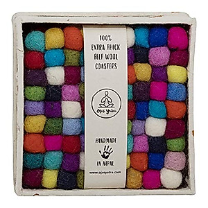 Colorful Felt Coasters Square - Premium Felted Ball Wool Coasters Set of 4 - with Lokta Gift Box - Handmade Large Absorbent Coasters for Drinks - Naturally Dense, Heat Resistant, Thick & Durable