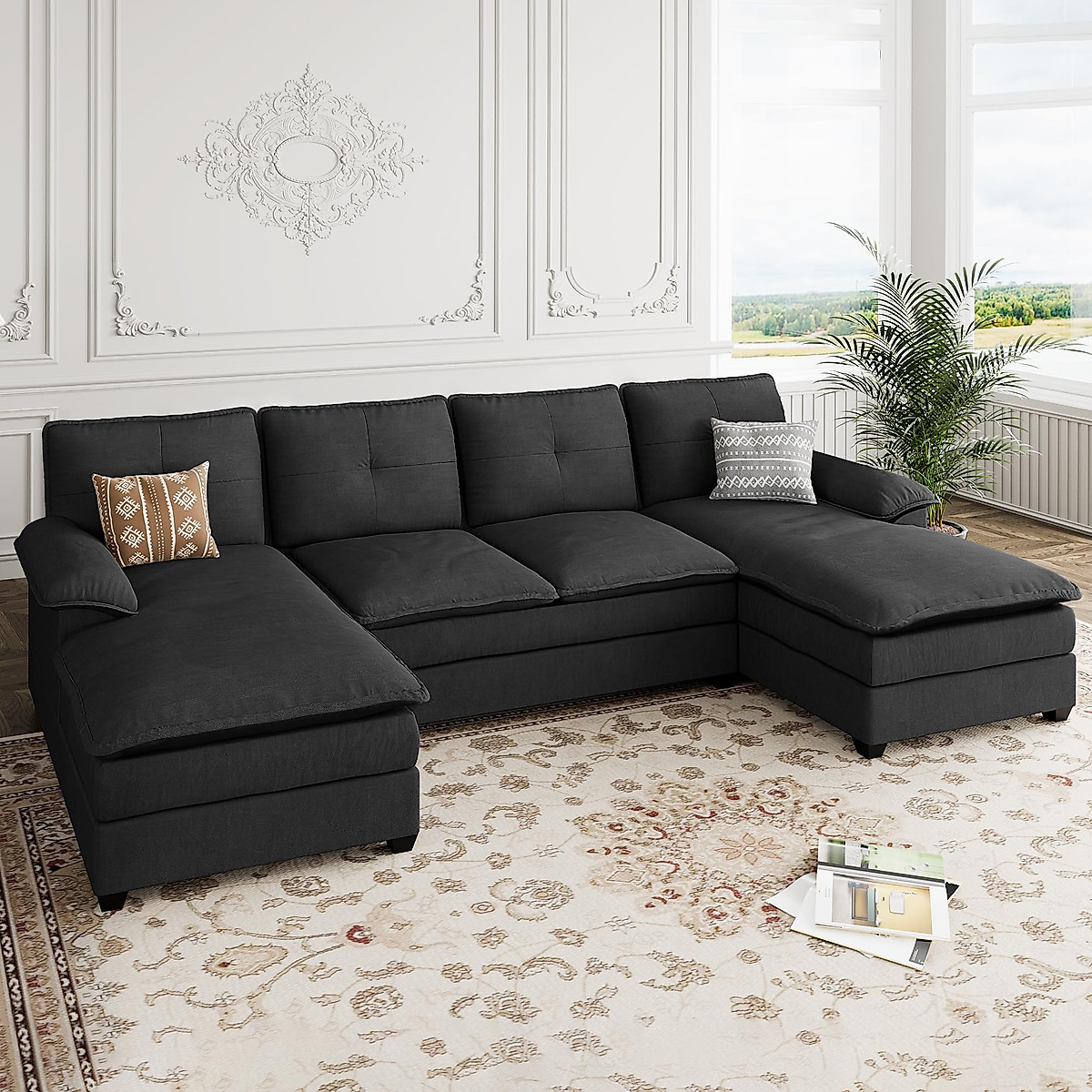 Shintenchi 110" Modular Sectional Couches for Living Room, U-Shaped Sofa Couch with Double Chaise, 4 Seat Sofa Sets with Thick Cushion & Soft Backrest, Black