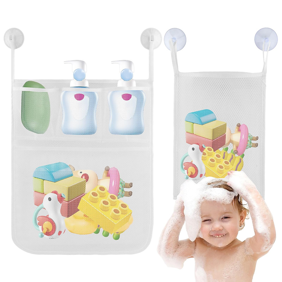 Jaeskeclip 2pcs Bath Toy Storage,Bath Toy Holder,Bath Tub Toy Holder Net With Pockets, Shower Caddy Holds Kids Toys, Soap, Or Shampoo, Hooks Included, White