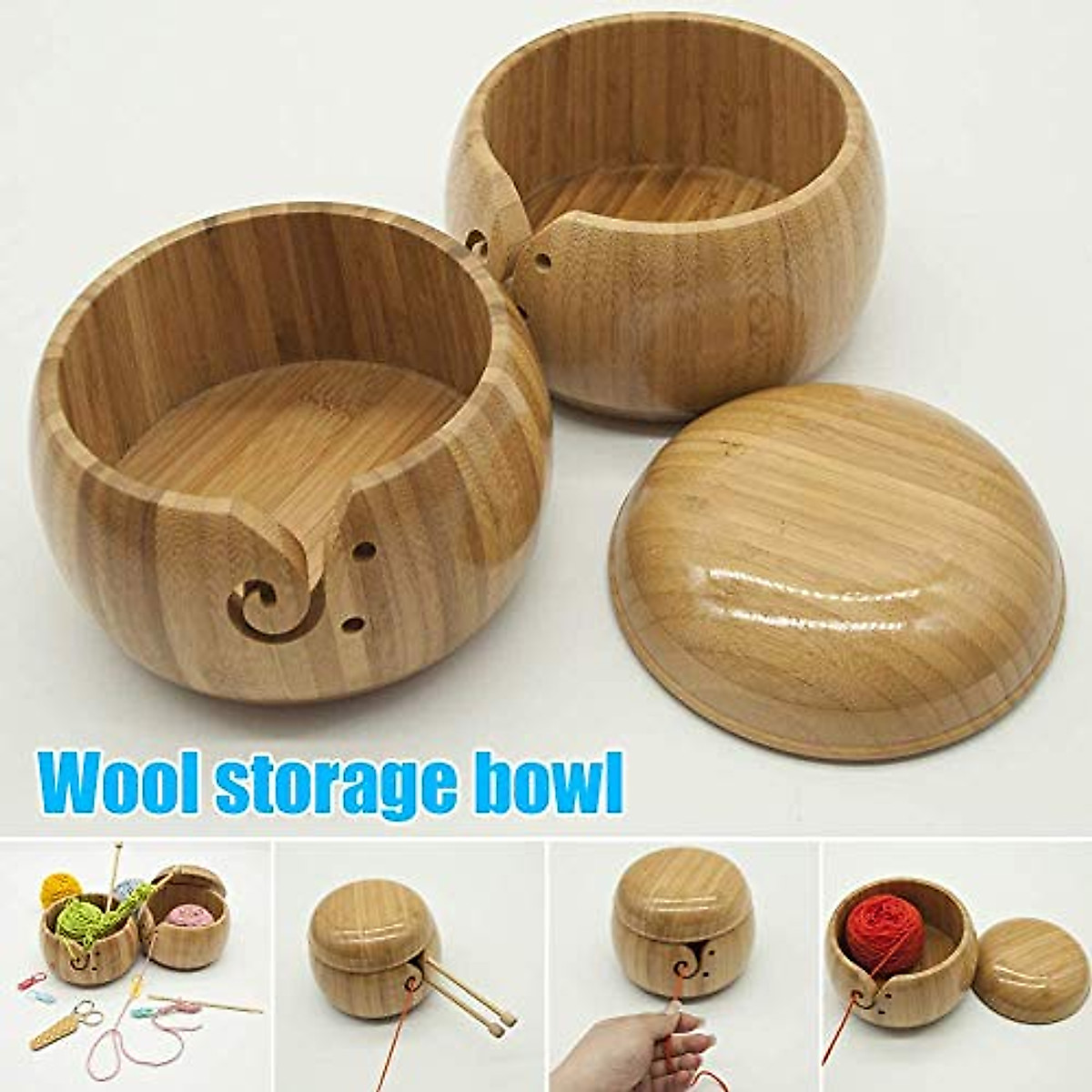 AUSUKY Wooden Yarn Bowl Holder Knitting Crochet Yarn Wool Storage Organizer with Lid (Bowl Holder with Lid)