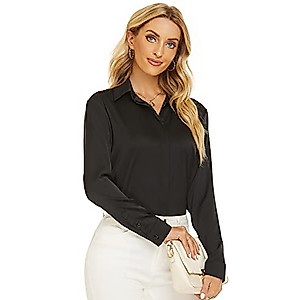 Escalier Women's Satin Silk Long Sleeve Button Down Shirt Casual Work Office Silky Blouse Top (Black, Small)