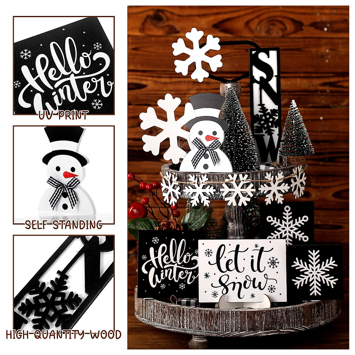 FairySandy 15 Pcs Winter Tiered Tray Decor Set Black and White Snowflake Table Wood Decoration Snowman Wooden Sign Rustic Farmhouse Coffee Bar Signs Winter Tray Decor for Home Xmas Holiday Tabletop