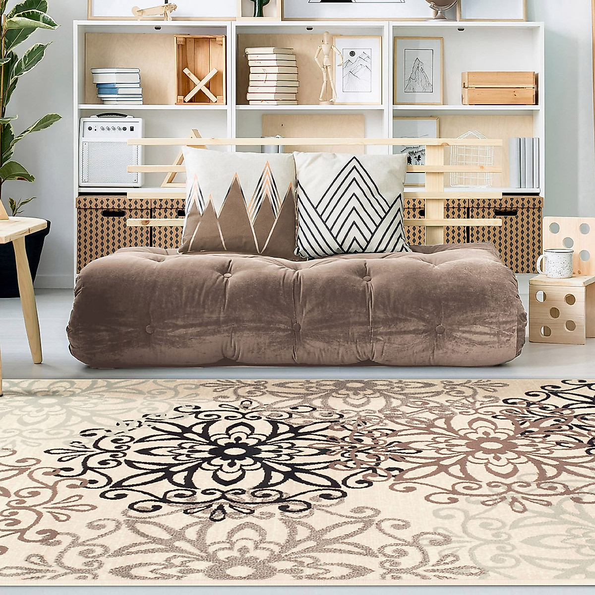 SUPERIOR Indoor Small Area Rug for Bedroom, Living/Dining Room, Entryway, Office, Farmhouse Aesthetic Floor Throw, Modern Floral Geometric Decor, Jute Backing, Leigh Collection, 3' x 5', Beige