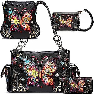 Colorful Butterfly Flower Western Purse Country Handbag Women Shoulder Bag Crossbody Wallet 4 Piece Set Black