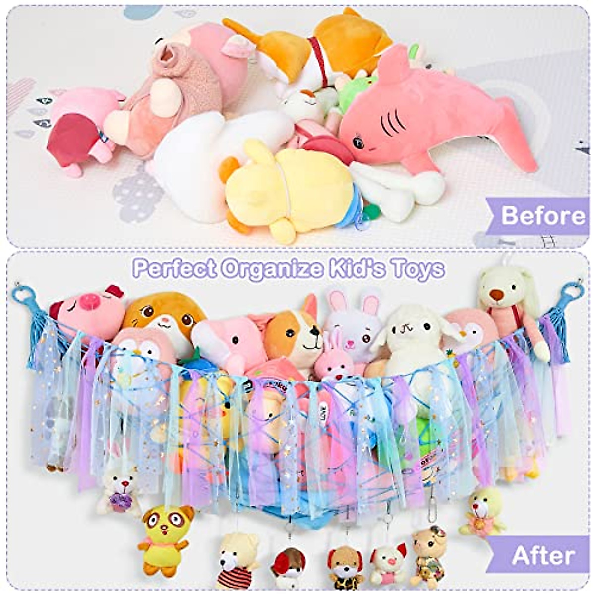 Basumee Stuffed Animals Net Or Hammock Wall Mounted Stuffed Animals Storage Display Plush Toy Storage With Tassels For Nursery Playroom Kids Room Decor