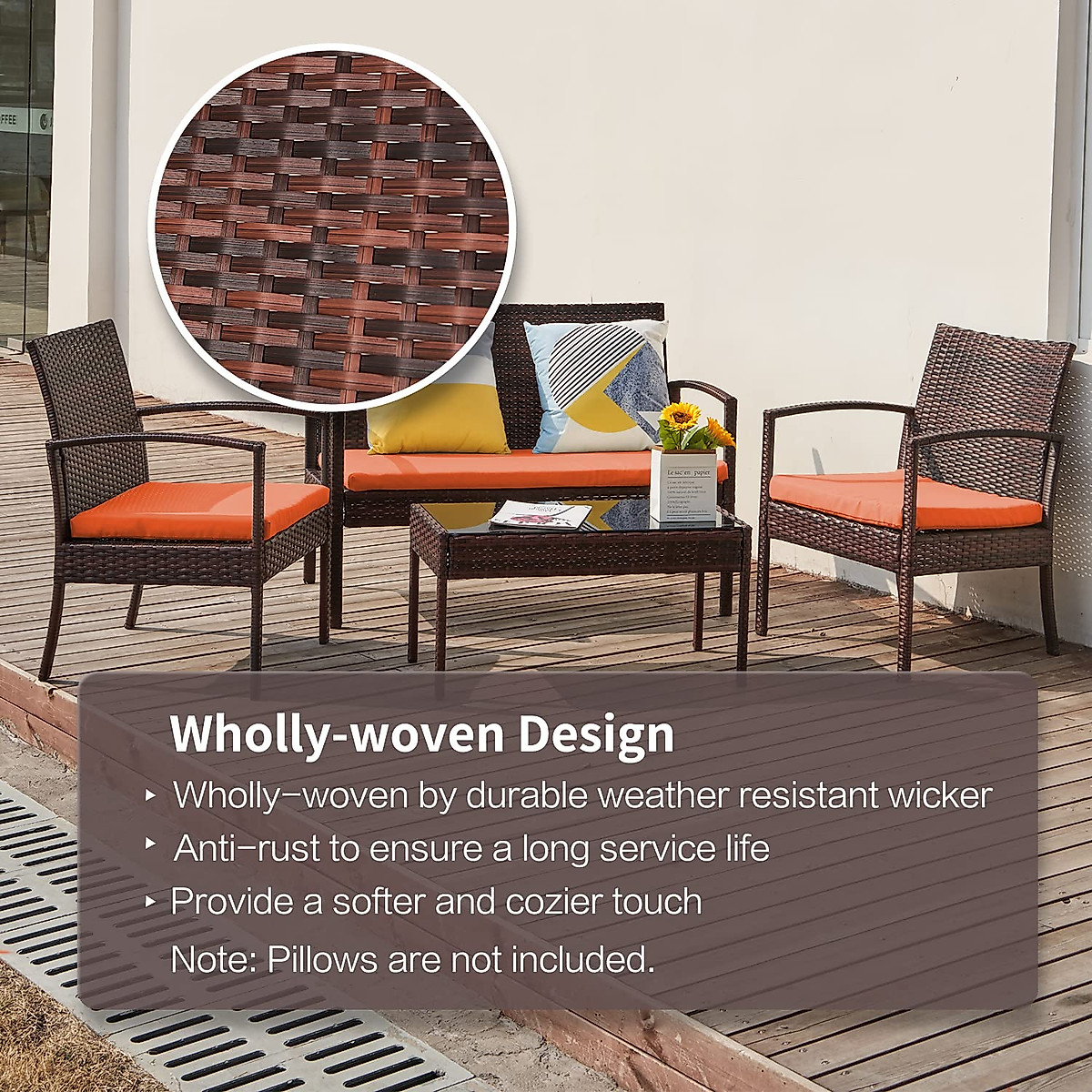 Hubhalsun Patio Wicker 4 Piece Set for Outdoors,Garden Wicker Funiture for Backyard, Indoor Rattan Chair, 4-Person Seating Group with Cushion (Orange)