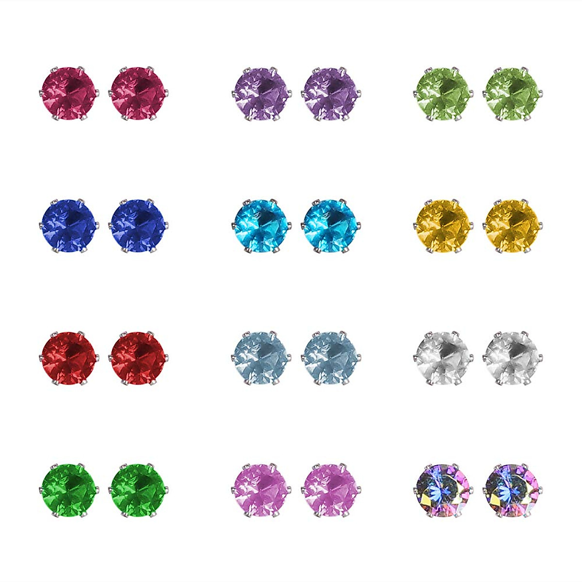 12 Pairs Stainless Steel CZ Stud Earrings for Women, Brilliant Cut Round Cubic Zirconia Stud Earrings, Birthstone Stud Earrings Set 3mm