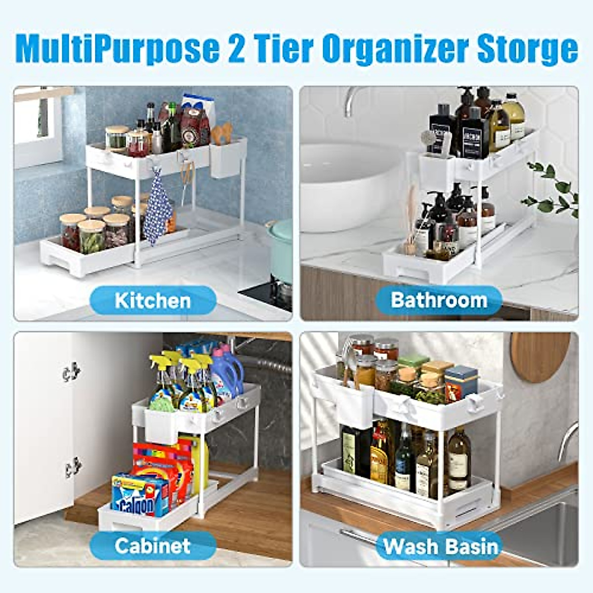 Luyata 2 Pack Under Sink Organizer, 2 Tier Pull Out Under Sink Cabinet Organizer, Sliding out Drawer Basket Storage Organizer Shelf for Kitchen Bathroom, with Hooks, Hanging Cups, Dividers, White
