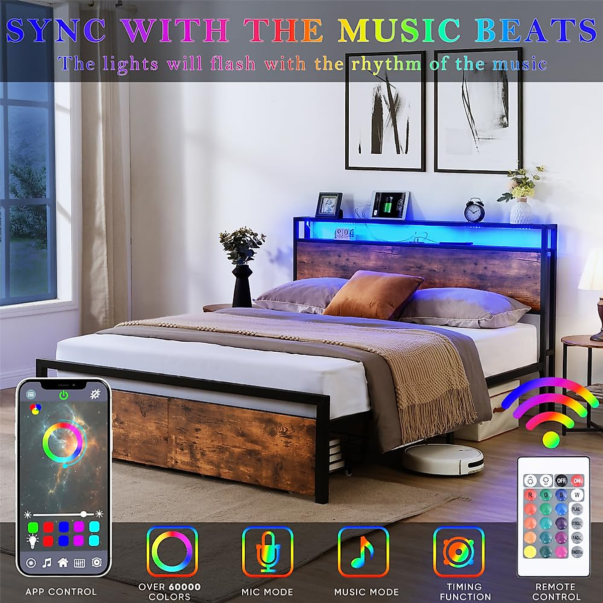 Anwick Queen Bed Frame with Storage Headboard and 2 Drawers, LED Lights Bed with Charging Station, Metal Platform, Non-Slip Without Noise, Metal Slats Support, No Box Spring Needed (Brown, Queen)