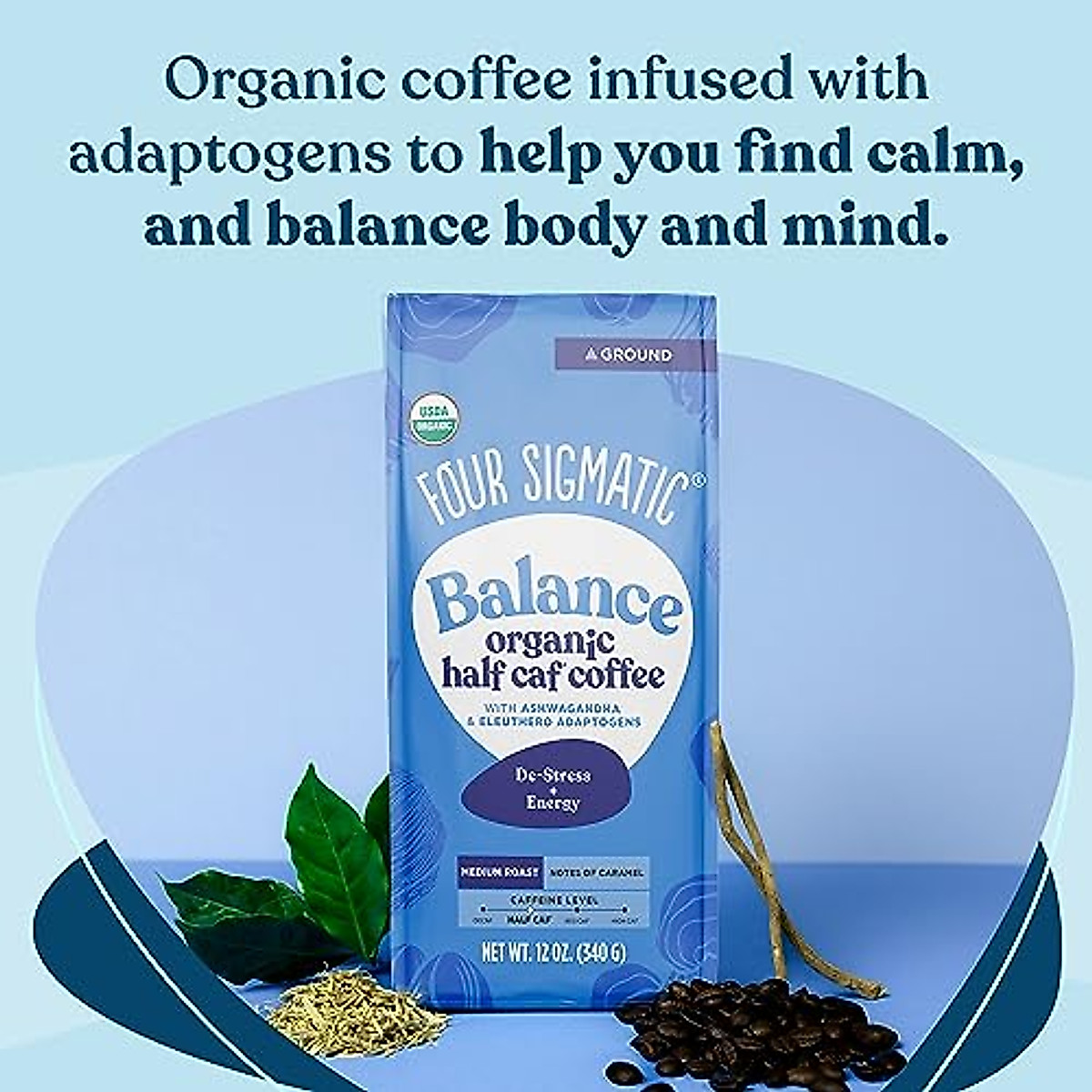 Four Sigmatic Organic Balance Adaptogen Ground Coffee | Medium Roast USDA Organic, Fair Trade Coffee with Ashwagandha, Chaga Mushroom, Eleuthero and Tulsi | Focus and Energy Boosting Coffee | 12oz Bag
