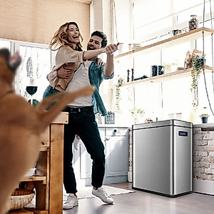 Home Zone Living 13 Gallon Kitchen Trash Can, Dual Removable Liners for Recycling and Trash, Wide Stainless Steel Shape, Open Top, No Lid Design (8 + 5 for 13 Gallon Total)