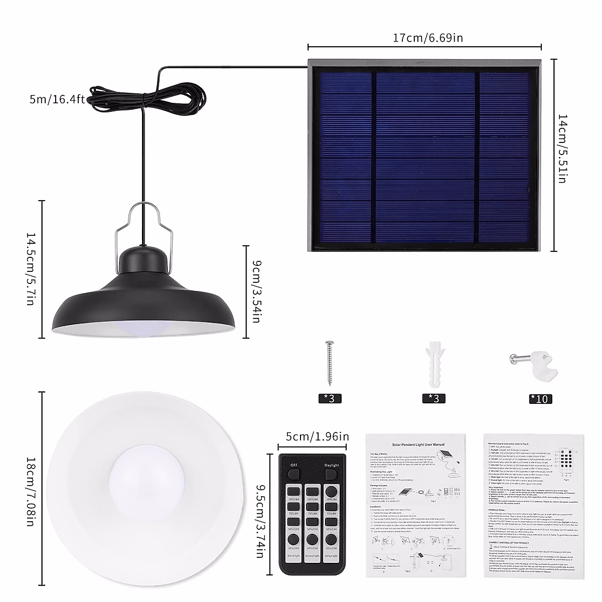 Sararoom LED Solar Pendant Light Outdoor, 7in 3000K/4000K/6000K Dimmable Indoor Solar Light with Remote Control, IP65 Waterproof Solar Shed Light with 16.4ft Cable for Patio, Camp, Chicken Coop, Barn