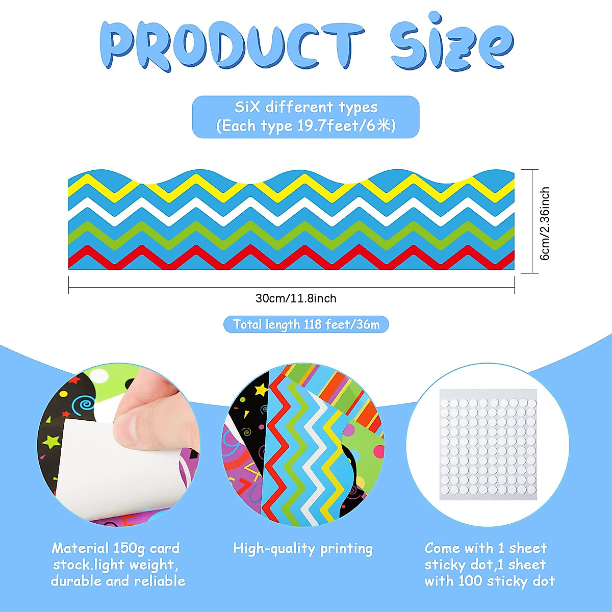 Containlol Classroom Borders for Bulletin Board, 118 Ft Geometric Scalloped Trim Rainbow Bulletin Board Boarders for Home Office Classroom Wall Chalkboard Decoration