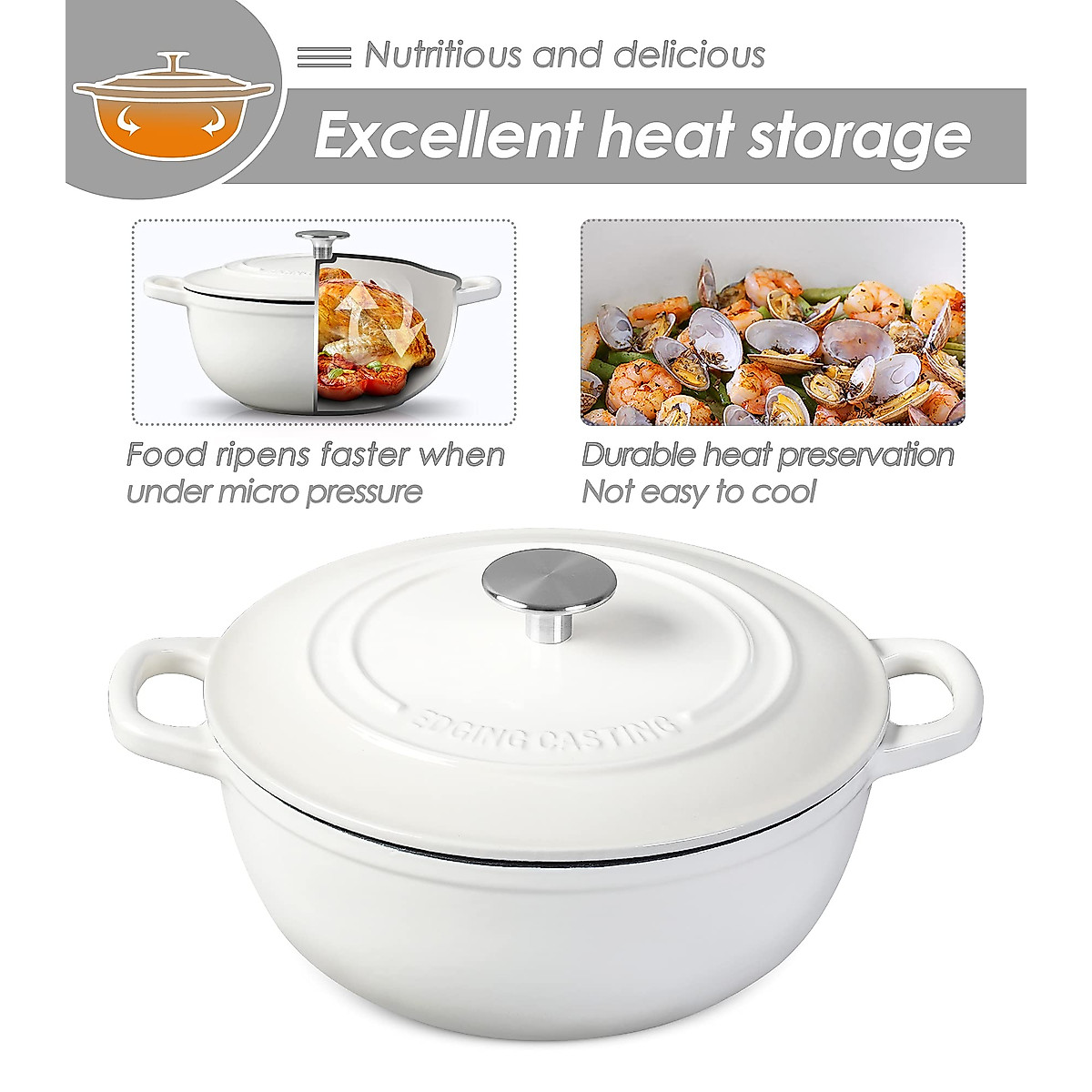 EDGING CASTING Cast Iron Dutch Ovens With Lid Dual Handle Enameled Dutch Oven, 3.5 Quart, White