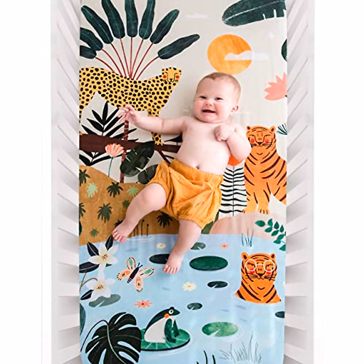 Rookie Humans 100% Cotton Sateen Fitted Crib Sheet: in The Jungle. Modern Nursery, Use as a Photo Background for Your Baby Pictures. Standard Crib Size (52 x 28 inches)