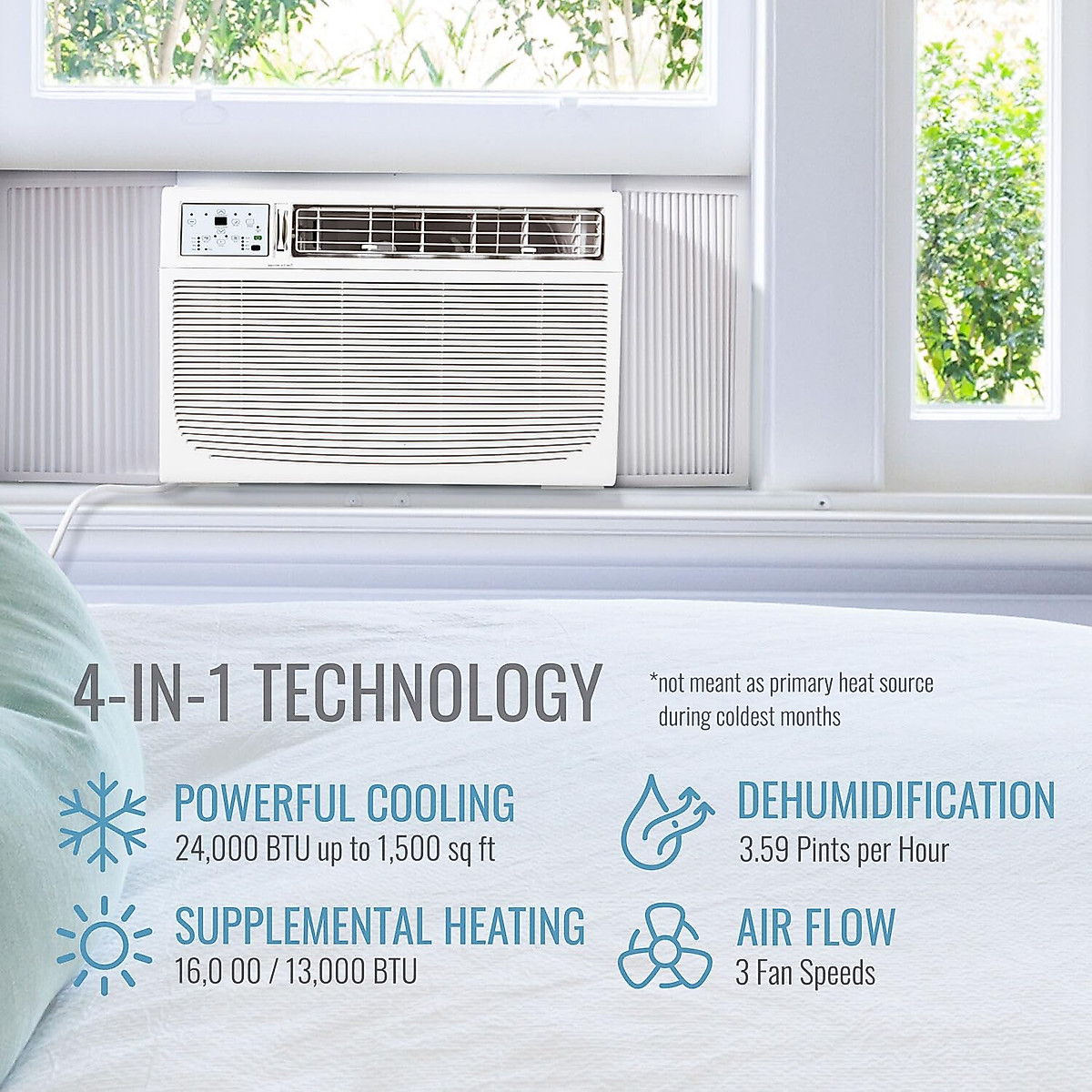 Keystone 24,000 BTU Window Air Conditioner with Dehumidifier and Supplemental Heat, 230V, Window AC for Extra Large Rooms up to 1500 Sq. Ft. with Remote Control, 3 Speeds, and Washable Filter, White