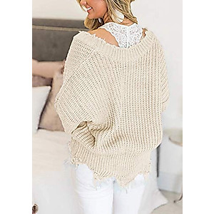 LEANI Women's Loose Knitted Sweater Long Sleeve V-Neck Ripped Pullover Sweaters Crop Top Knit Jumper Beige