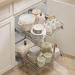 DINDON 2 Tier Pull Out Cabinet Organizer (17" W x 18" D) Heavy-Duty Metal Sliding Drawer Shelf, Two Tier Pull Out Shelves for Kitchen Cabinets, Pantry, Bathroom, Chrome Finish