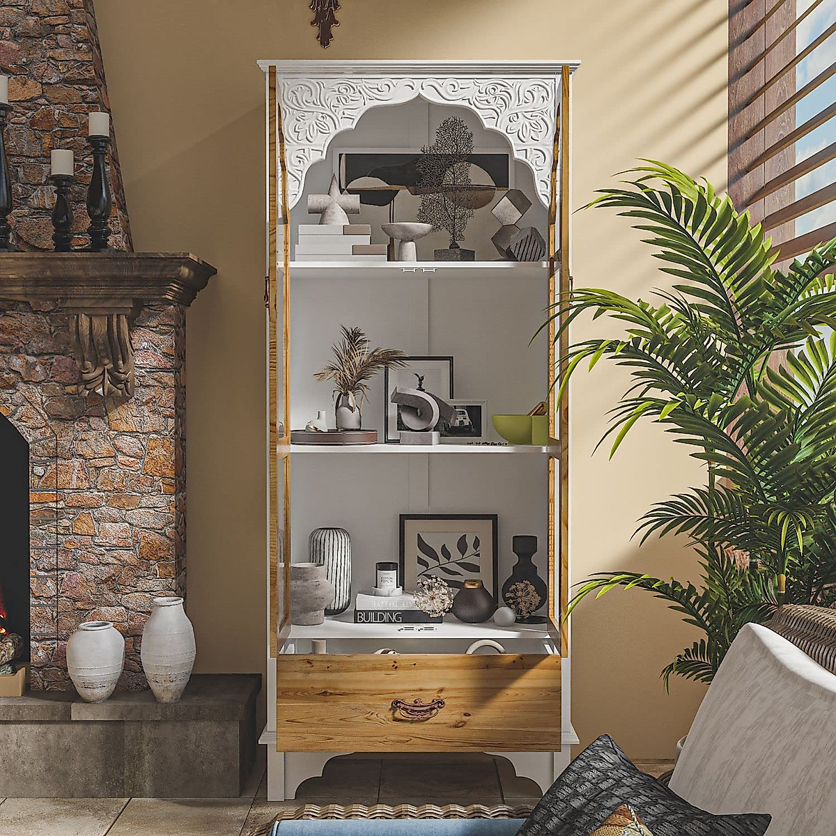 DiDuGo Storage Cabinet with Doors and Shelves, Decorative Storage Cabinet with Drawer, Distressed Art Decor Cabinet Farmhouse Tall Cabinet White and Oak (31.5”W x 15.7”D x 70.9”H)