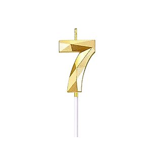 Golden Number 7 Candles 3D Diamond Shape Happy Birthday Cake Topper Numeral Candles for Birthday Party Wedding Decoration Reunions Theme Party