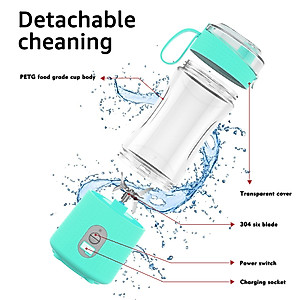 VOTSUPKITDINOK Portable Blender for Smoothies, USB Rechargeable, 6pcs 3D Blades, 13.5Oz, Cleansing Brush for Travel, Office and Sports, Mint Blue