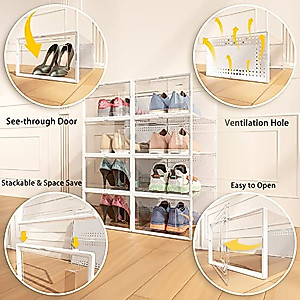 12 Pack Large Shoe Organizer Storage Boxes for Closet, Modular Space Saving Shoe Boxes Clear Plastic Stackable Sneaker Containers Display Case with Lids, White